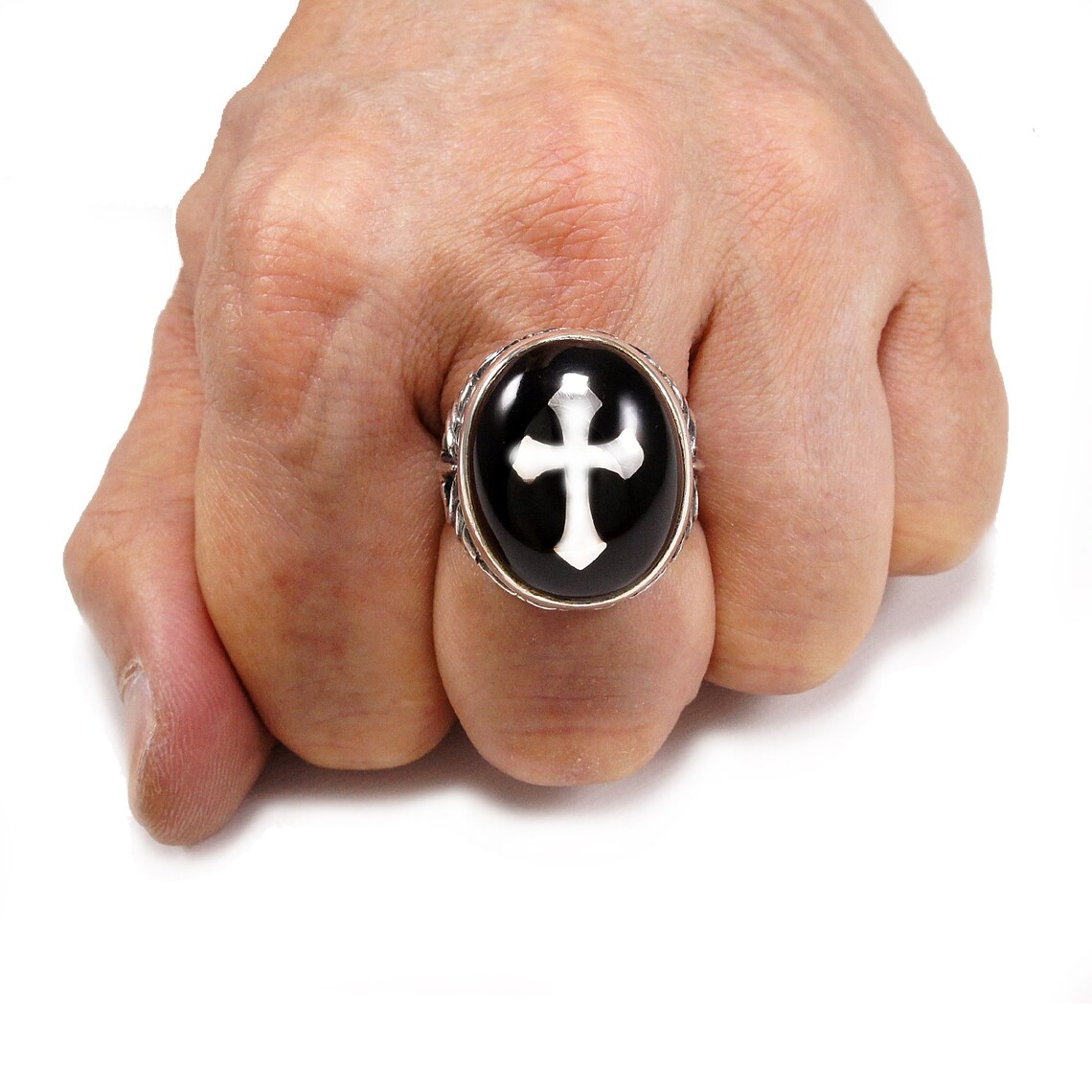 Cross/oval/black/onyx/925 Sterling Silver Ring/silver Cross - Etsy
