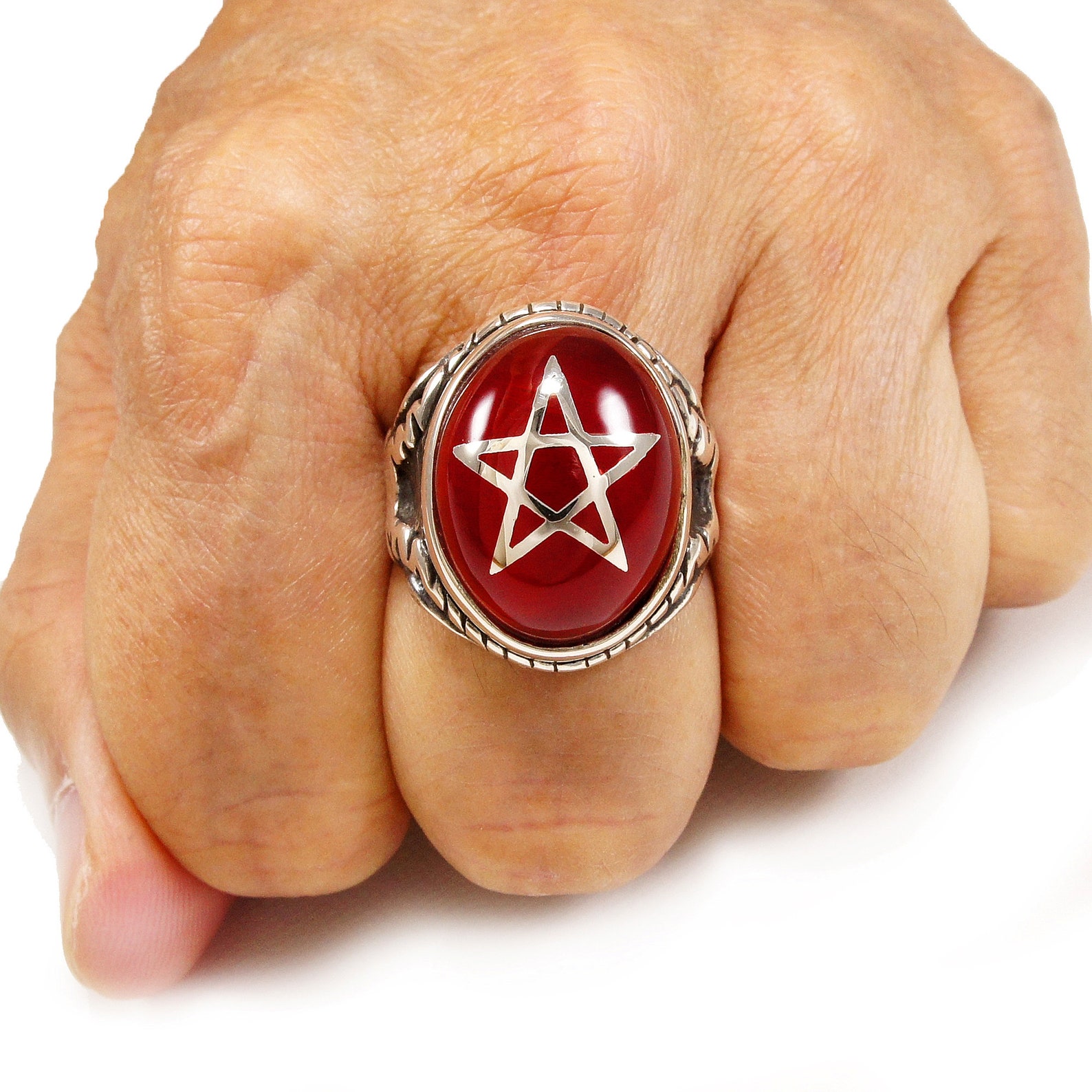 Red Oval Stone/pentagram/star/925 Sterling Silver Ring/gothic - Etsy