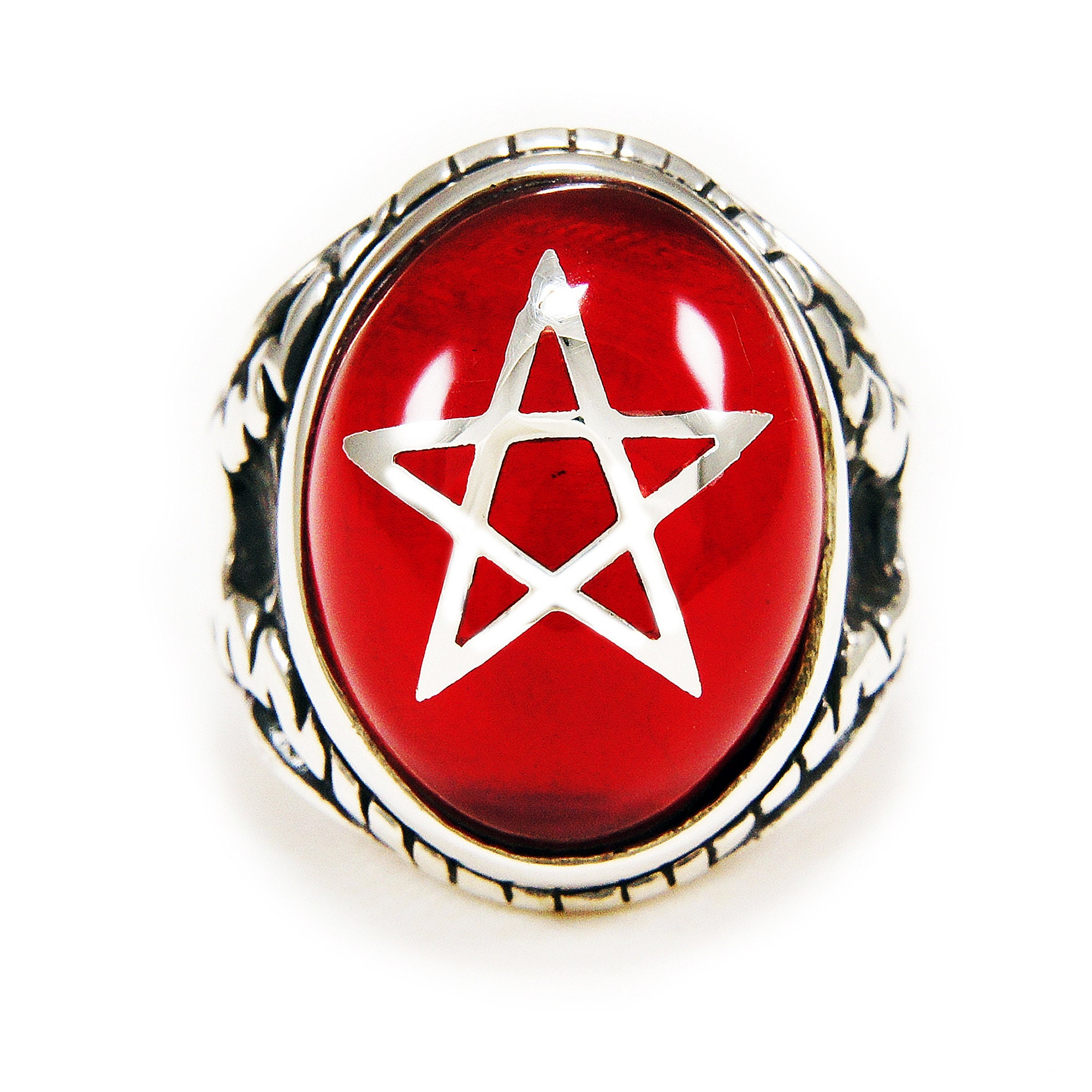 Red Oval Stone/pentagram/star/925 Sterling Silver Ring/gothic - Etsy