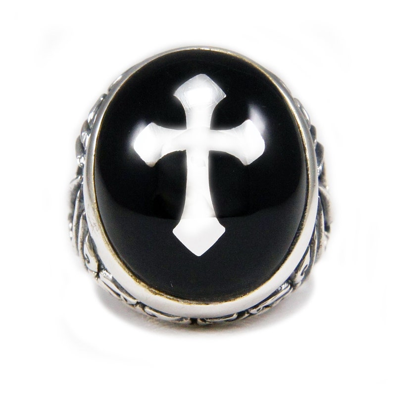 Cross/oval/black/onyx/925 Sterling Silver Ring/silver Cross - Etsy