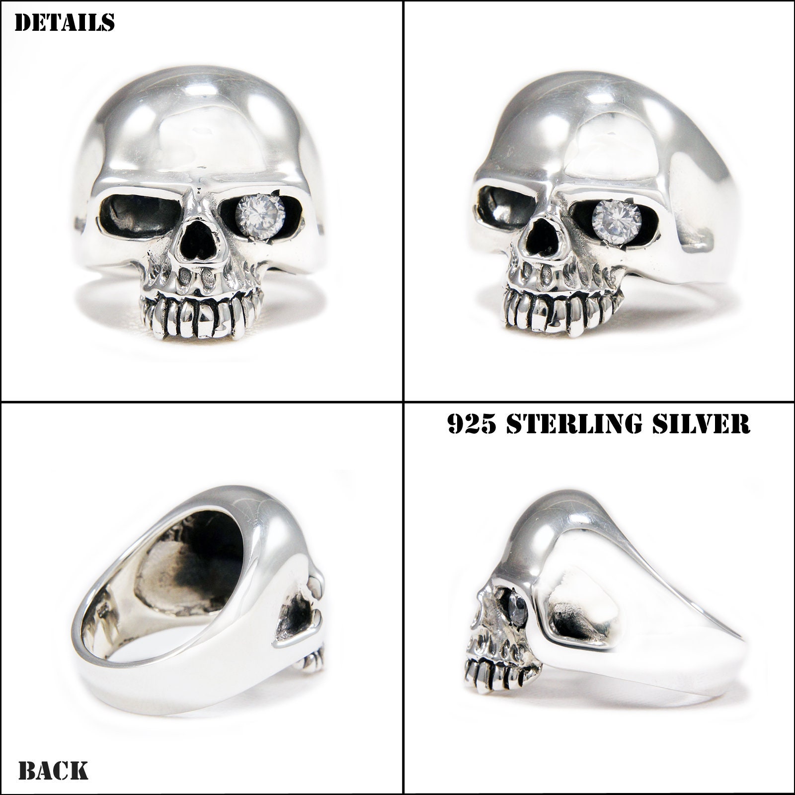Skull/925 Sterling Silver Ring/white Stone Eye/skull - Etsy