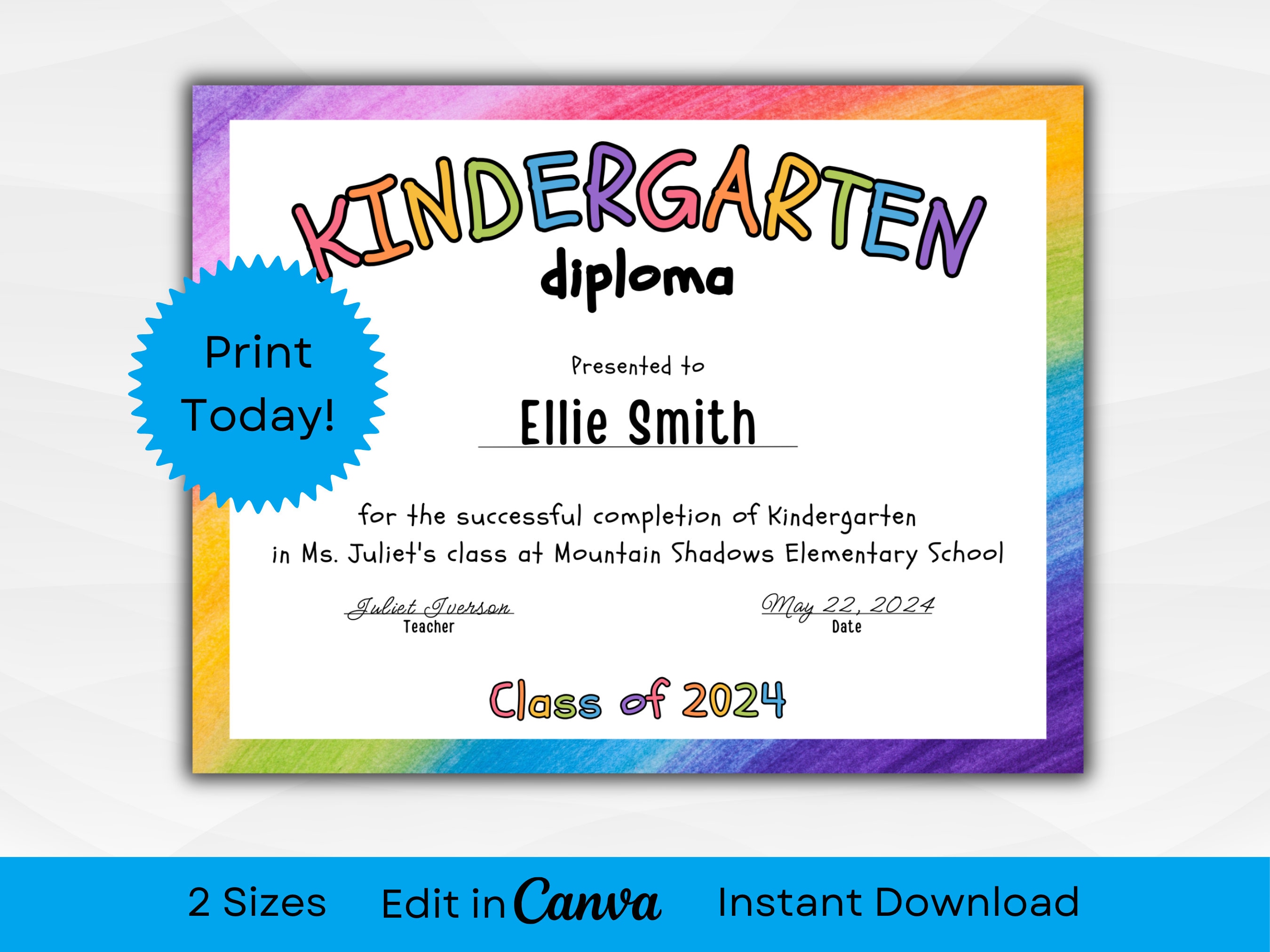 Editable Kindergarten Diploma Template Ready to Print Kindergarten ...