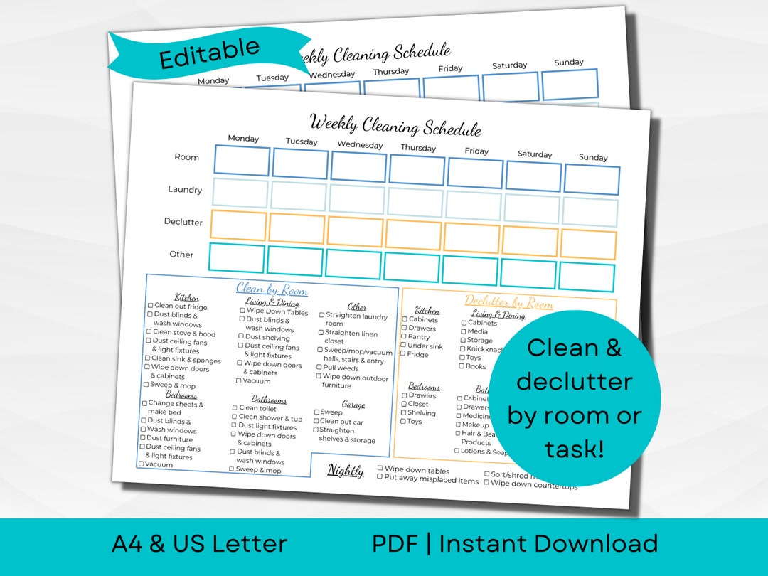 EDITABLE Cleaning Schedule Template Weekly Zone Cleaning and Declutter ...