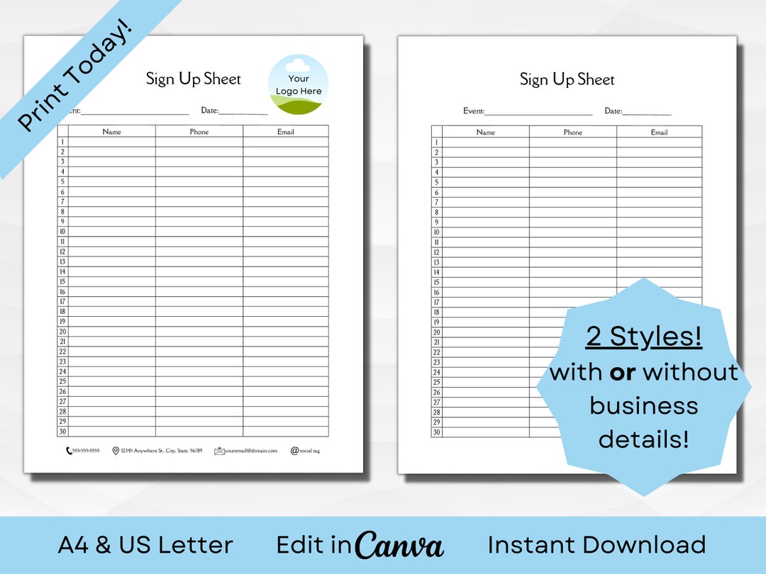EDITABLE Sign up Sheet for Events Volunteers Sign in Sheet - Etsy