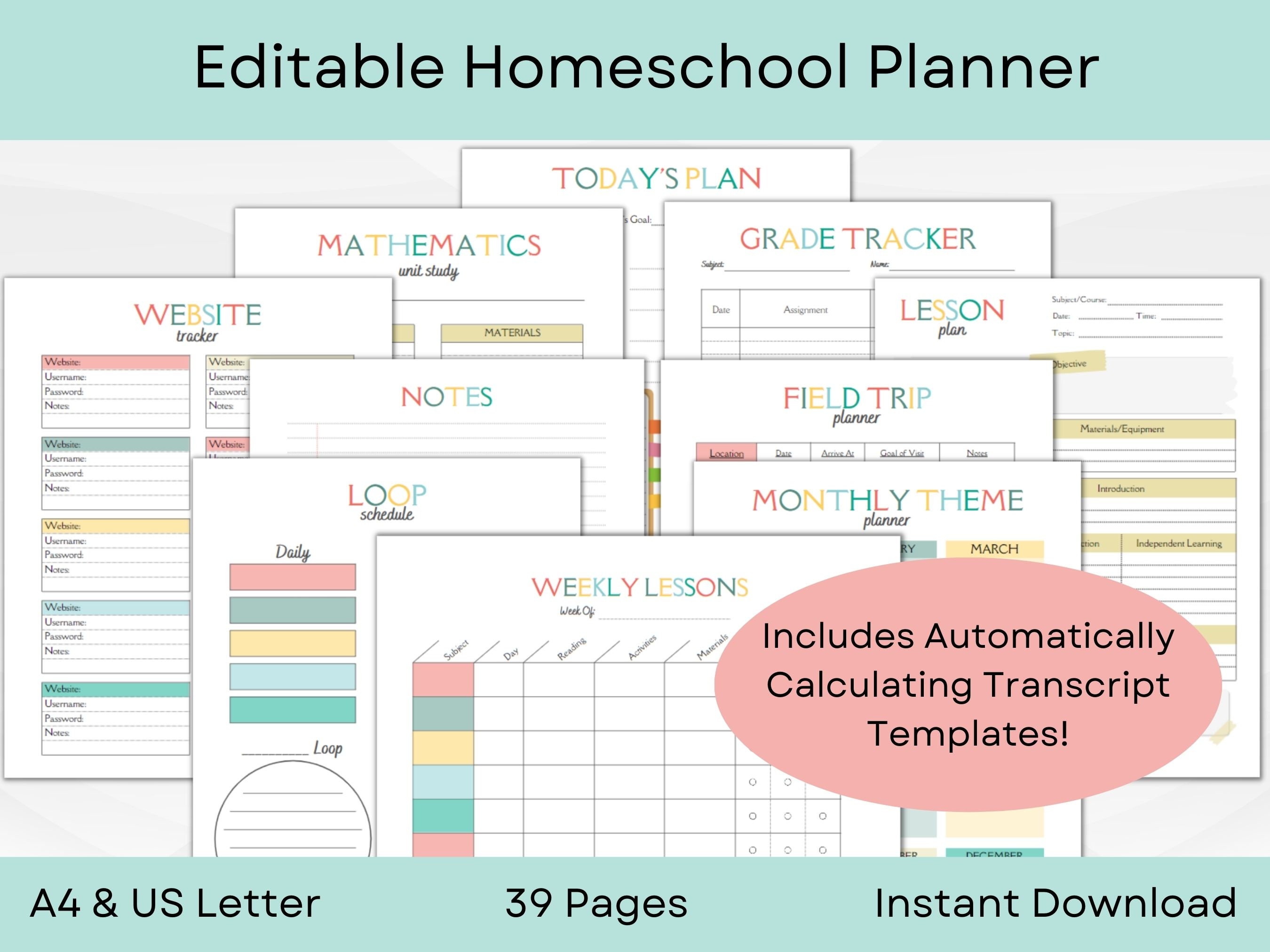 Editable Homeschool Planner With Transcript Templates Colorful School ...