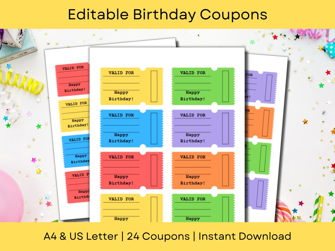 Editable Coupon Book Ticket Template Birthday Coupons for Anyone A4 and ...