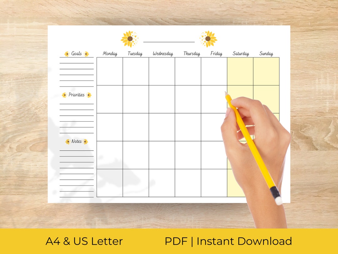 Undated Monthly Calendar Template With Sunflower Theme | Busy Mom ...