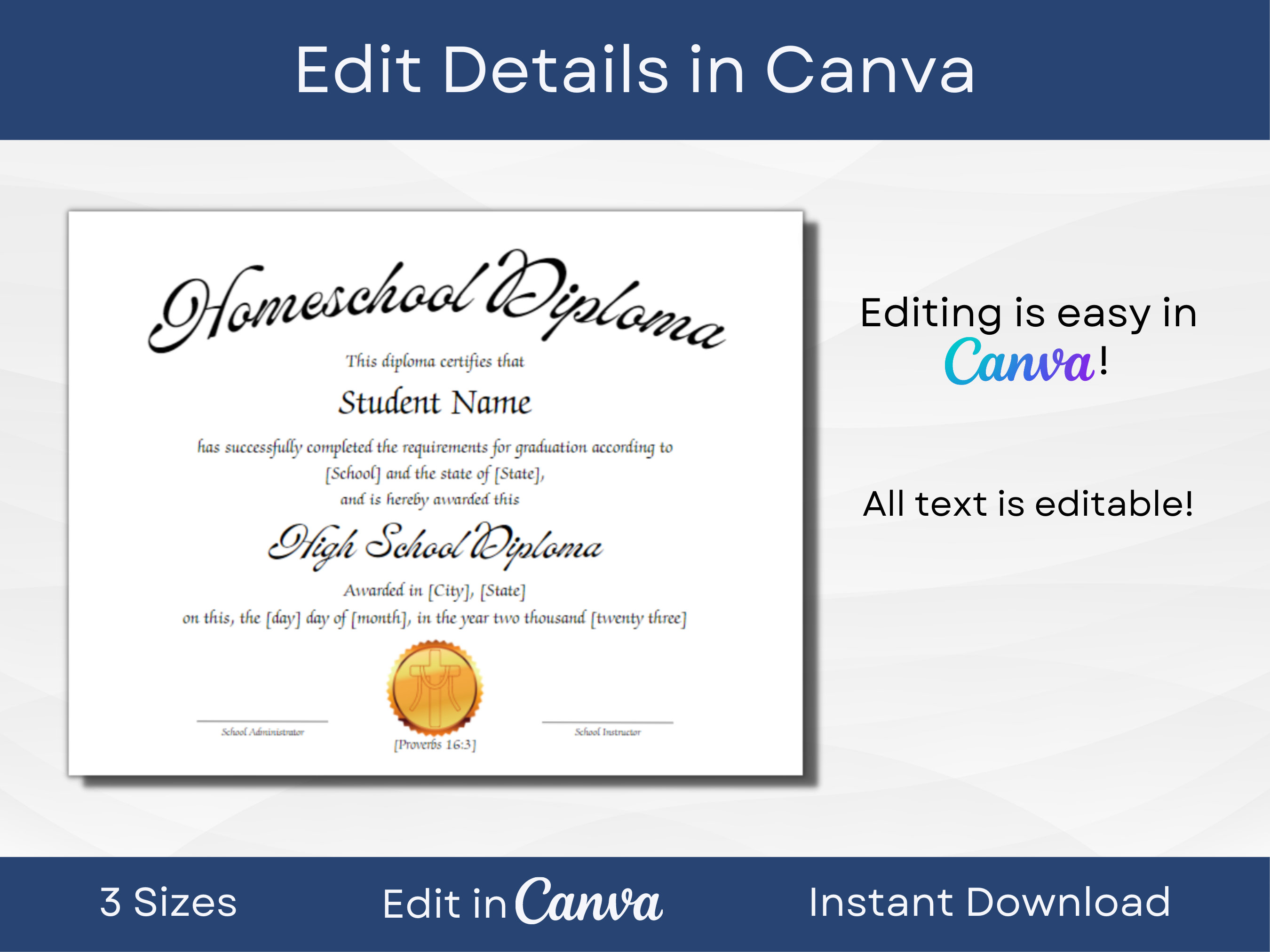Printable Homeschool Diploma Template With Bible Reference | Editable ...