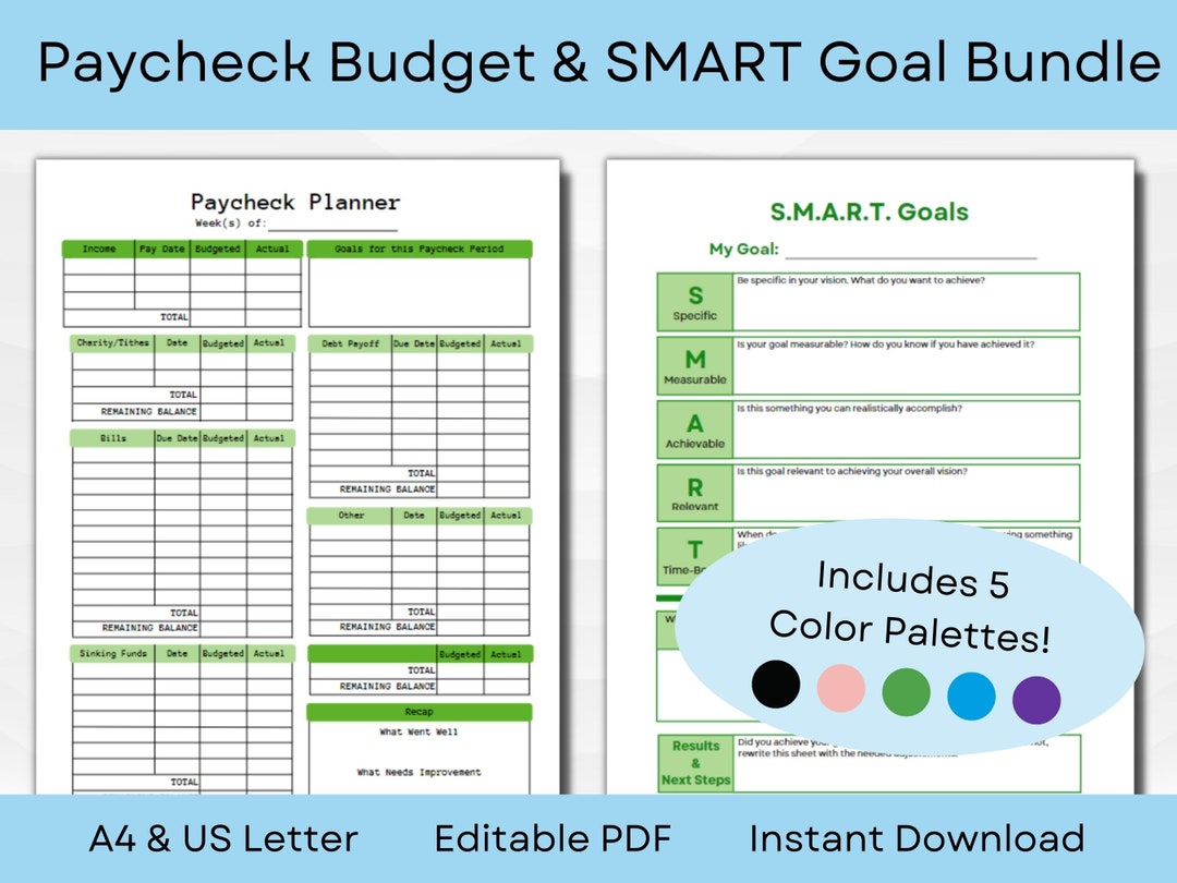 Printable Paycheck Budget With SMART Goal Worksheet Bundle - Etsy