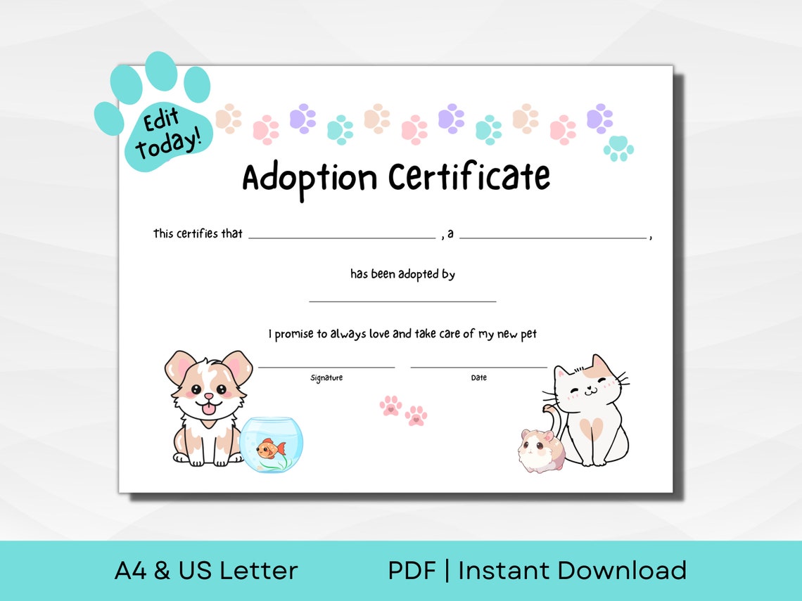 EDITABLE Pet Adoption Certificate for Adoption Pawty, Shelter, Rescue ...