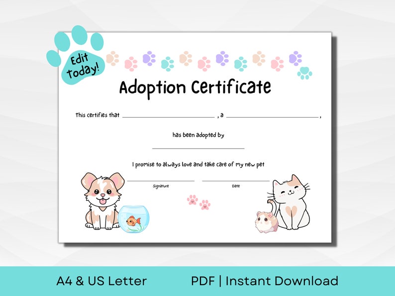 EDITABLE Pet Adoption Certificate for Adoption Pawty, Shelter, Rescue ...