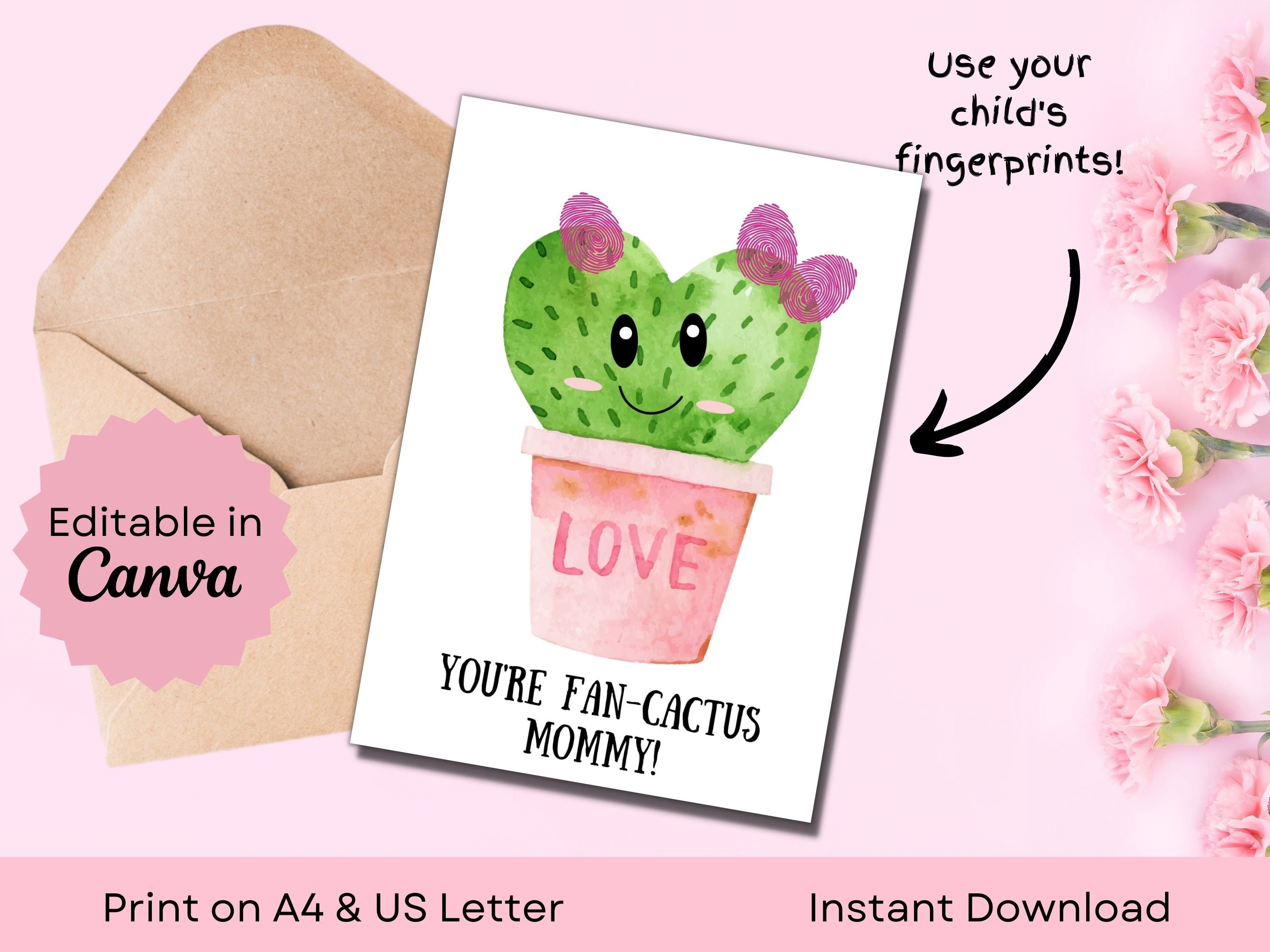 EDITABLE Mothers Day Cactus Fingerprint Art Card From Kids Print on A4 ...