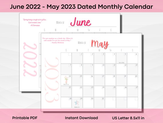 2022 Calendar Printable June 2022 to May 2023 Dated With US - Etsy