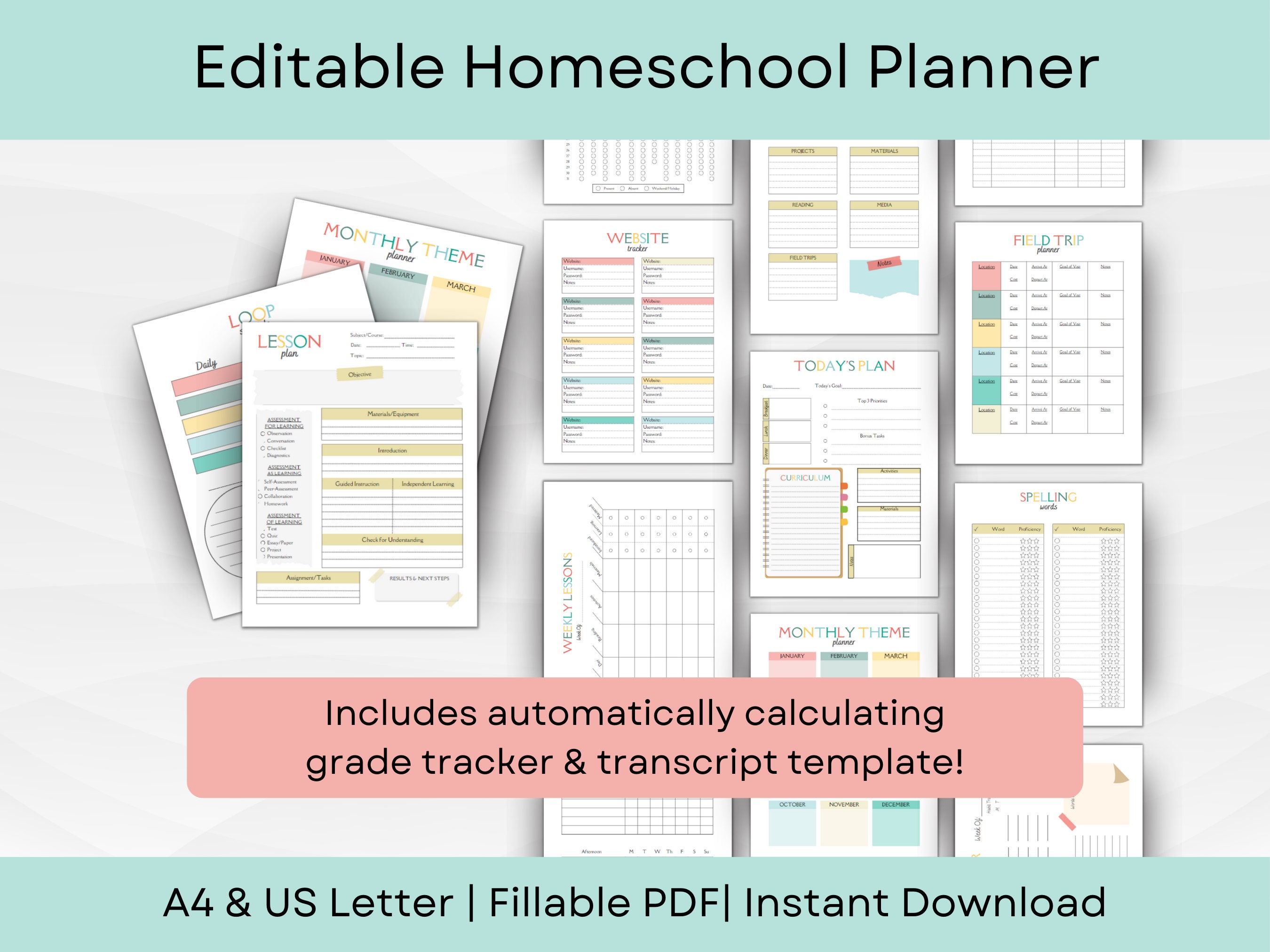 Editable Homeschool Planner With Transcript Templates | Colorful School ...