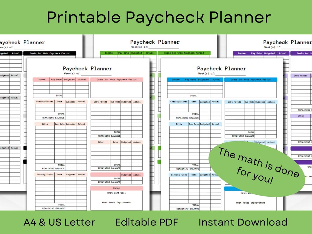 Printable Paycheck Budget Editable With Automatic Equations in Adobe ...
