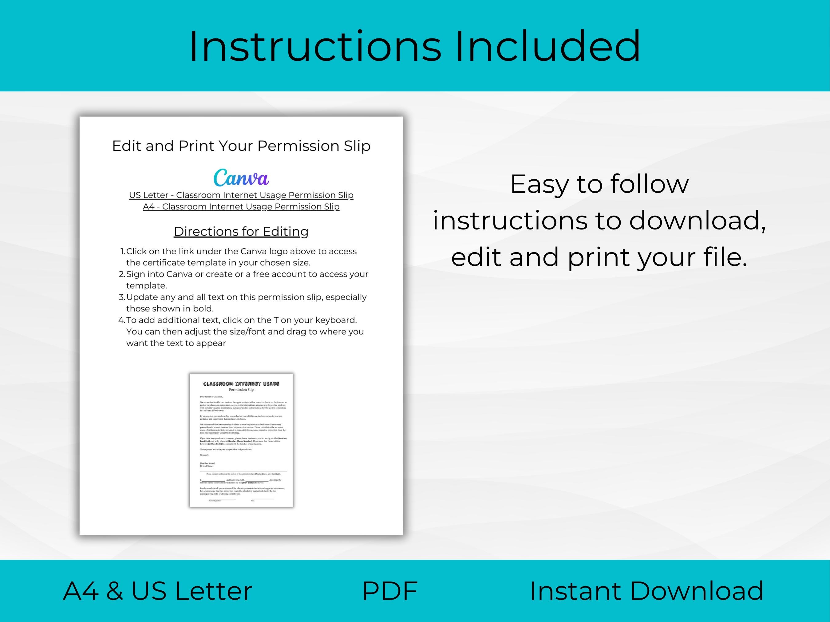 Editable Internet Permission Slip Template for Back to School | A4 & US ...