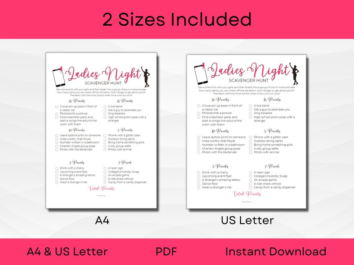 Printable Ladies Night Scavenger Hunt for Girls Night Out | A4 & US ...