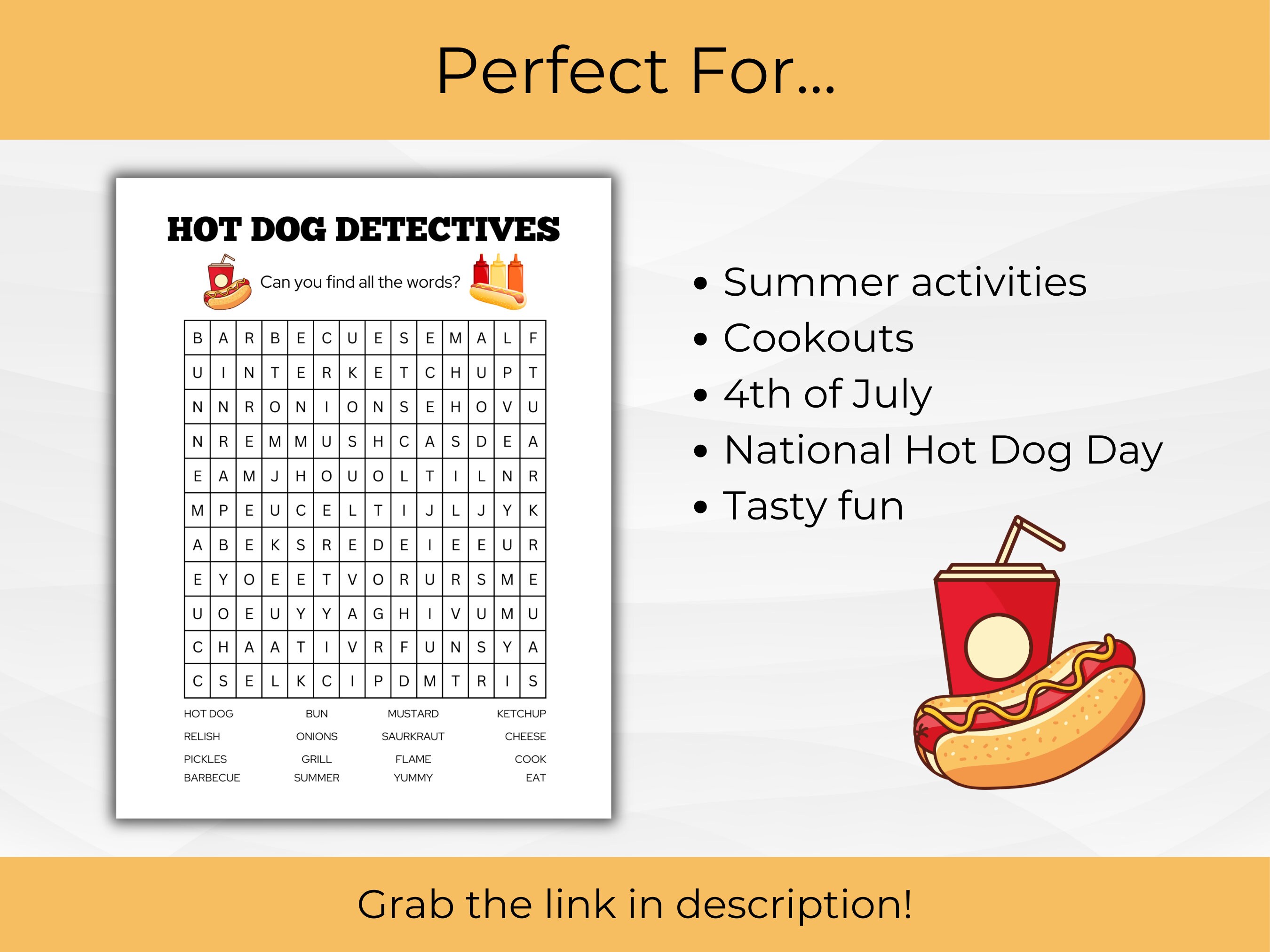 Summer Food Word Search Printable Kids Word Find for Hot Dog Day US ...