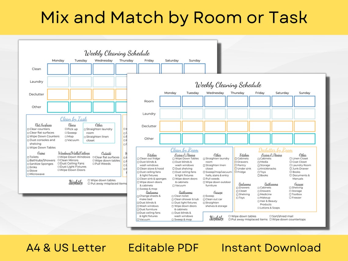 Editable Cleaning Schedule and Declutter Checklist Bundle With Weekly ...