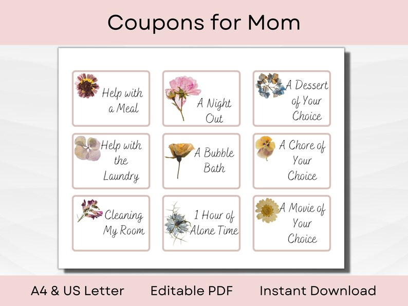 EDITABLE Floral Coupon Book Template for Mothers Day, Valentines Day ...