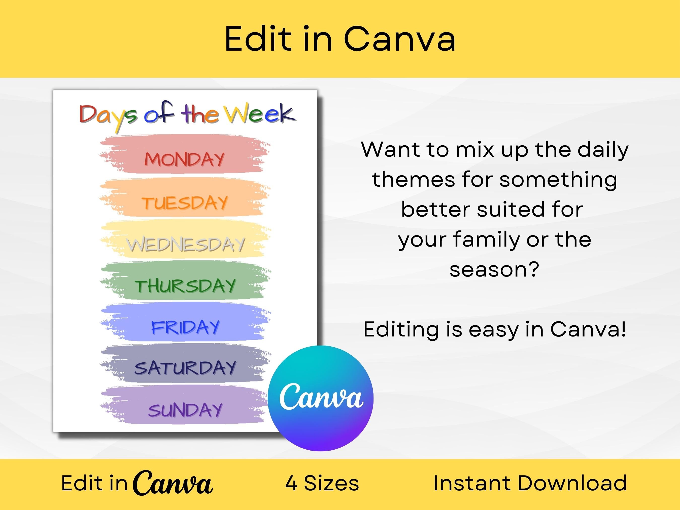 Days of the Week Printable | Editable Theme Days | Activity Ideas | A3 ...