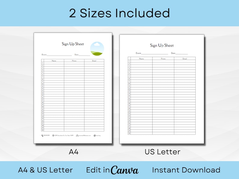 EDITABLE Sign up Sheet for Events, Volunteers Sign in Sheet Include ...