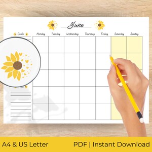 Undated Monthly Calendar Template With Sunflower Theme | Busy Mom ...