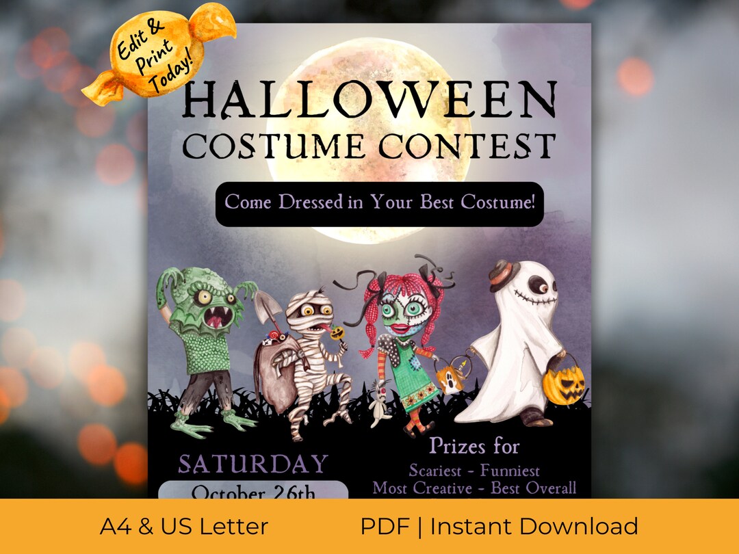 EDITABLE Halloween Costume Contest Flyer Template With Retro Vintage ...