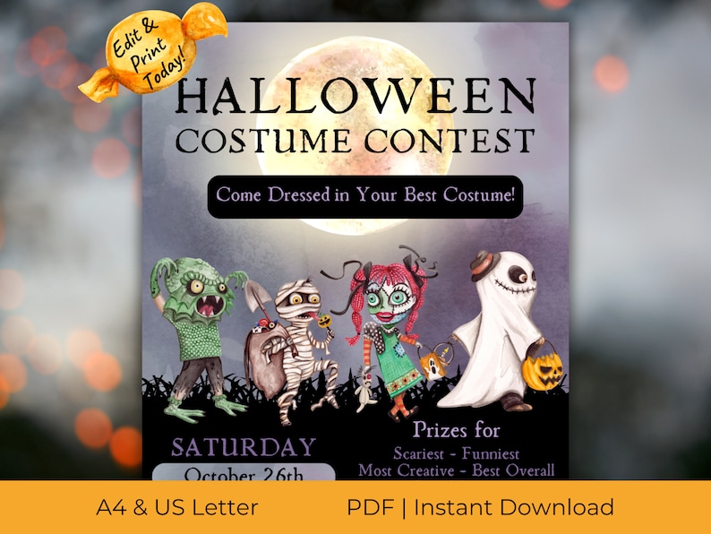 EDITABLE Halloween Costume Contest Flyer Template With Retro Vintage ...