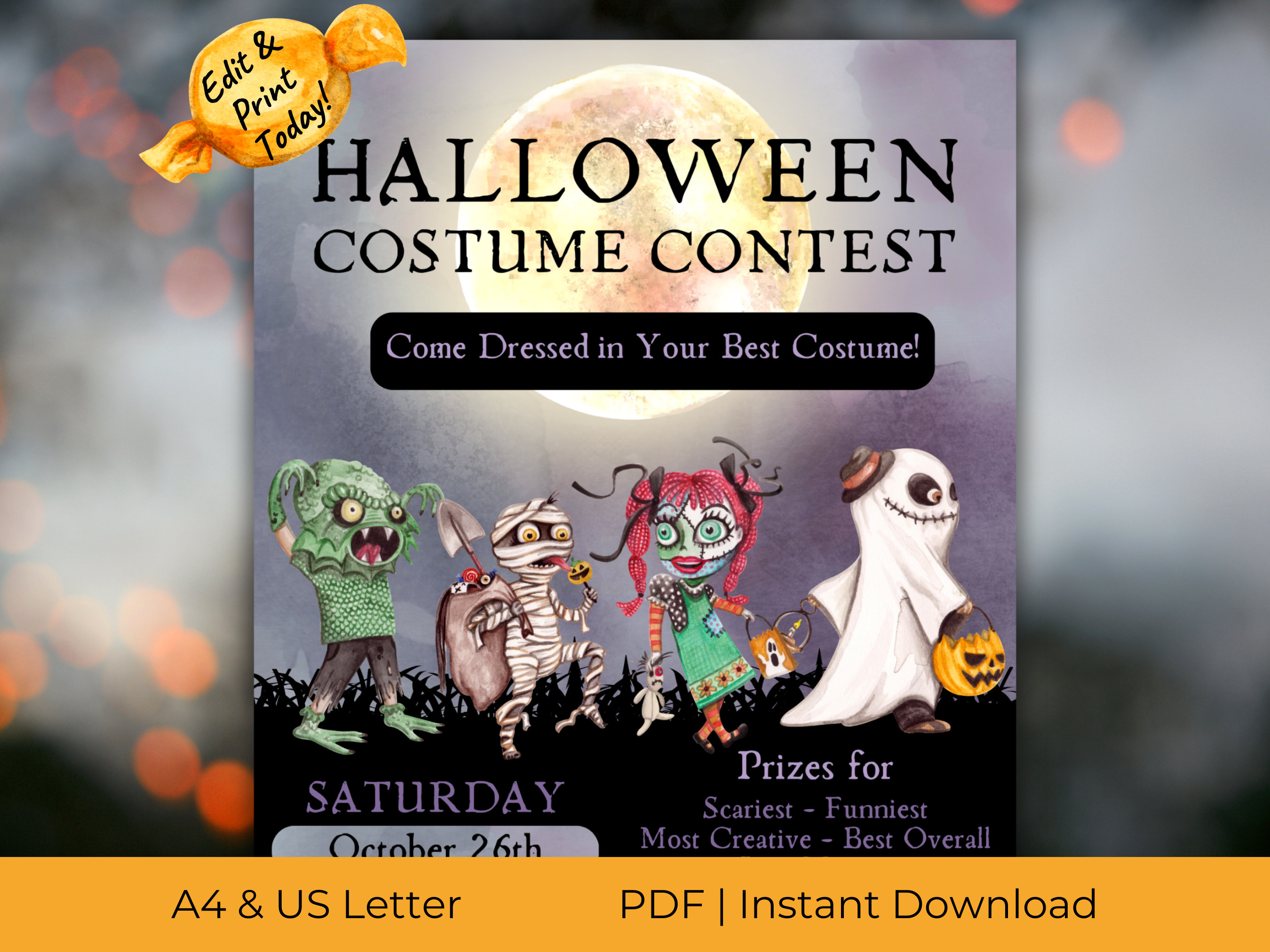 EDITABLE Halloween Costume Contest Flyer Template With Retro Vintage ...