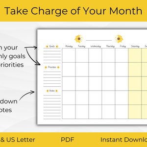 Undated Monthly Calendar Template With Sunflower Theme | Busy Mom ...