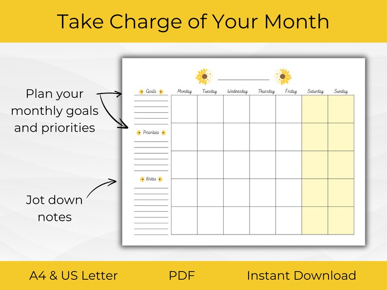 Undated Monthly Calendar Template With Sunflower Theme | Busy Mom ...