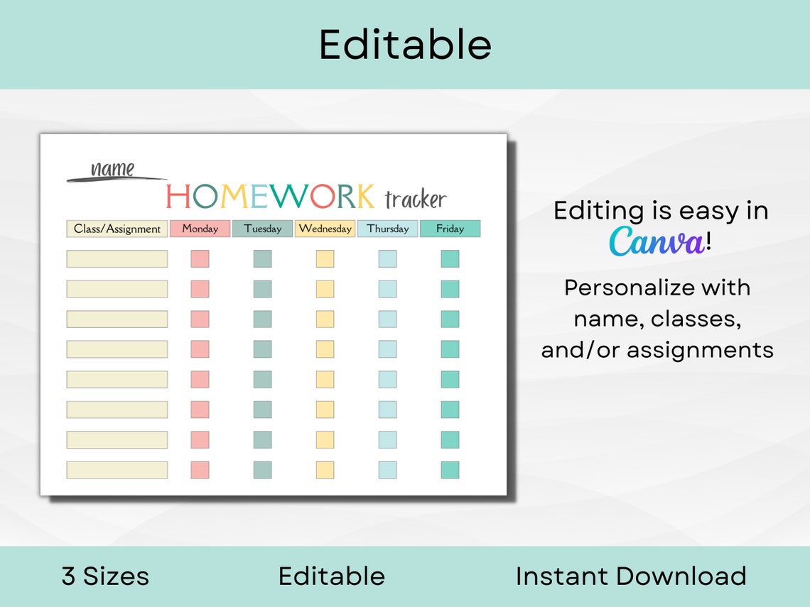 EDITABLE Homework Tracker for Kids | Kids Daily Checklist | Printable ...