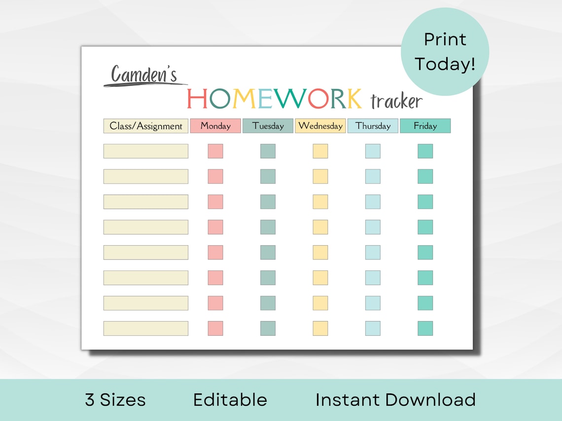 EDITABLE Homework Tracker for Kids Kids Daily Checklist Printable US ...