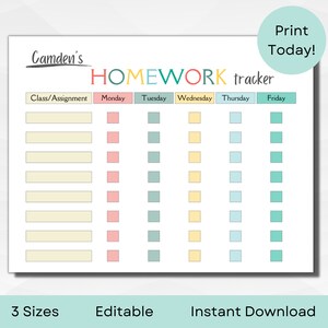EDITABLE Homework Tracker for Kids Kids Daily Checklist Printable US ...