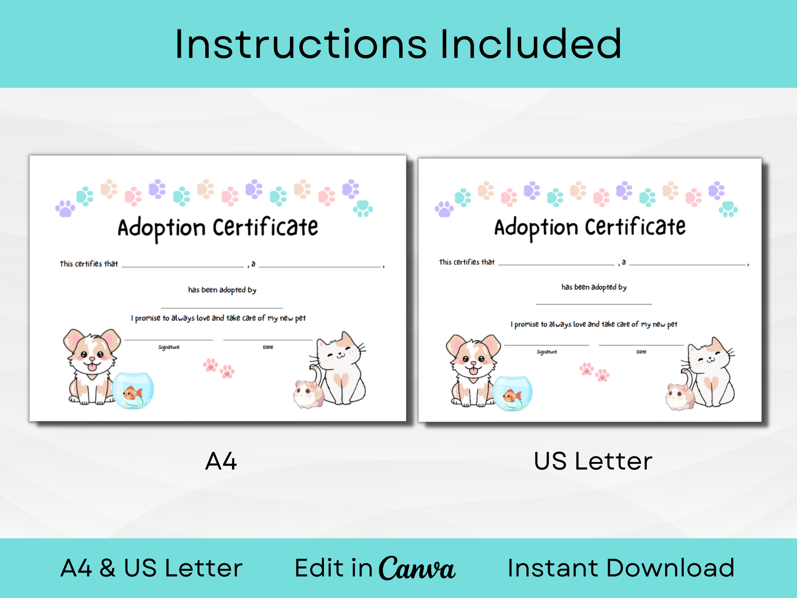 EDITABLE Pet Adoption Certificate for Adoption Pawty, Shelter, Rescue ...
