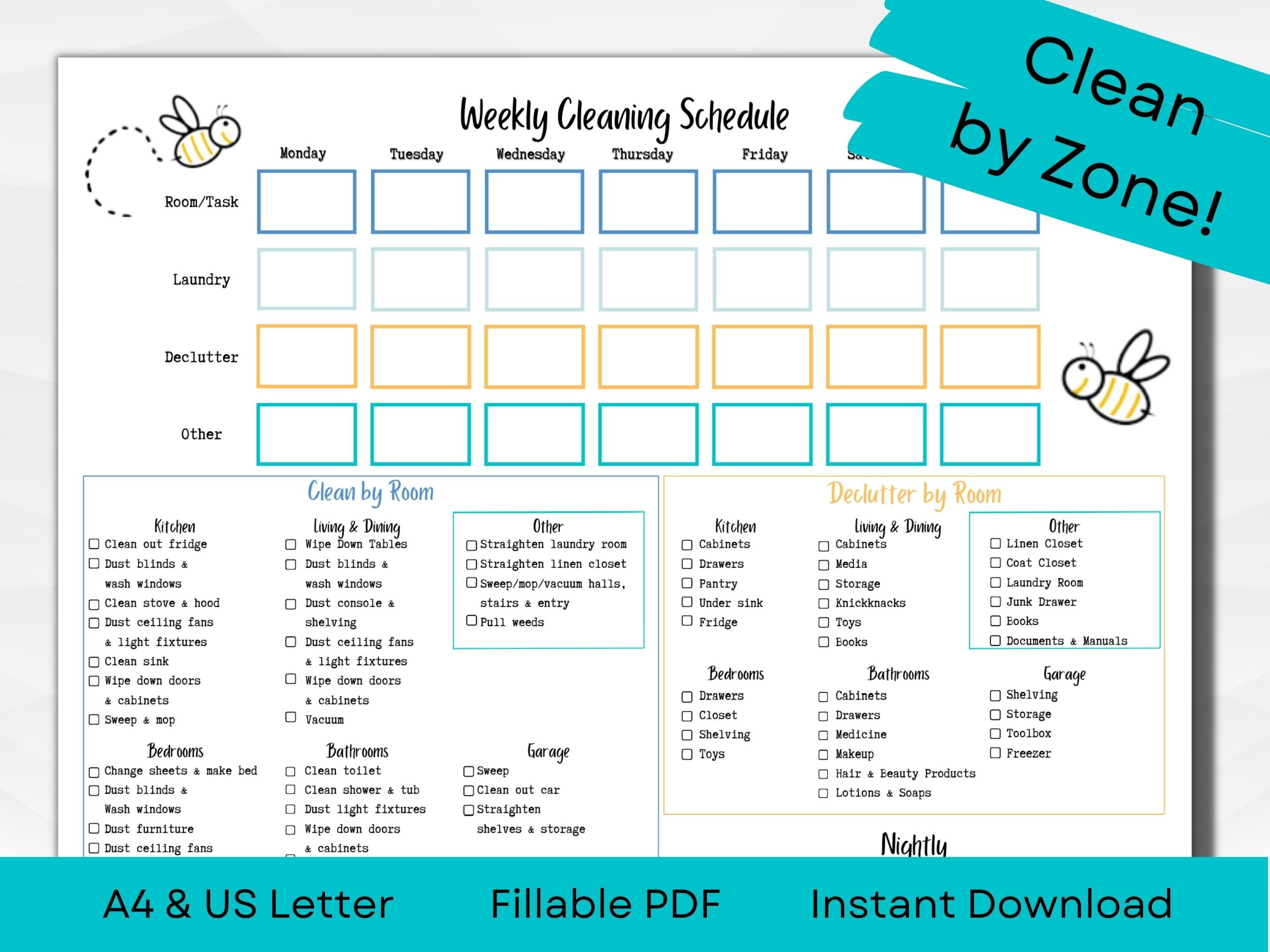 EDITABLE Cleaning Schedule Template Weekly Zone Cleaning and - Etsy