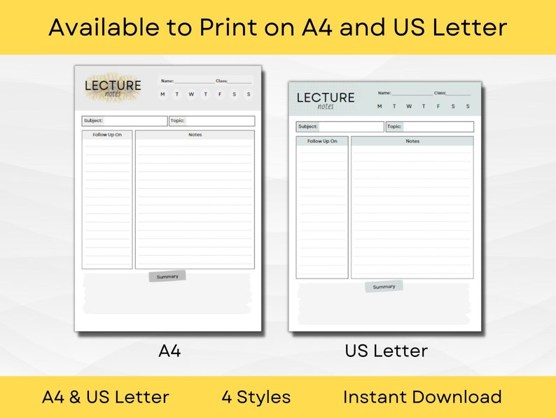 Editable Note Taking Template in 4 Designs A4 and US Letter Instant ...