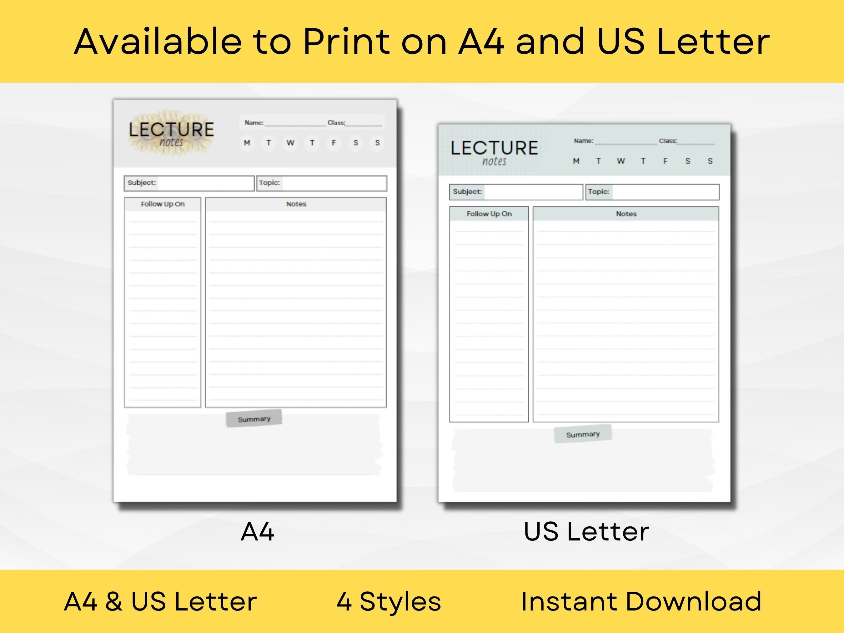 Editable Note Taking Template in 4 Designs A4 and US Letter Instant ...