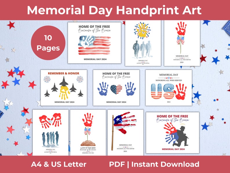 Memorial Day Handprint Art Bundle Watercolor Craft Templates Patriotic ...