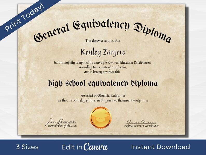 EDITABLE GED Certificate Template Printable High School Diploma A4 US 