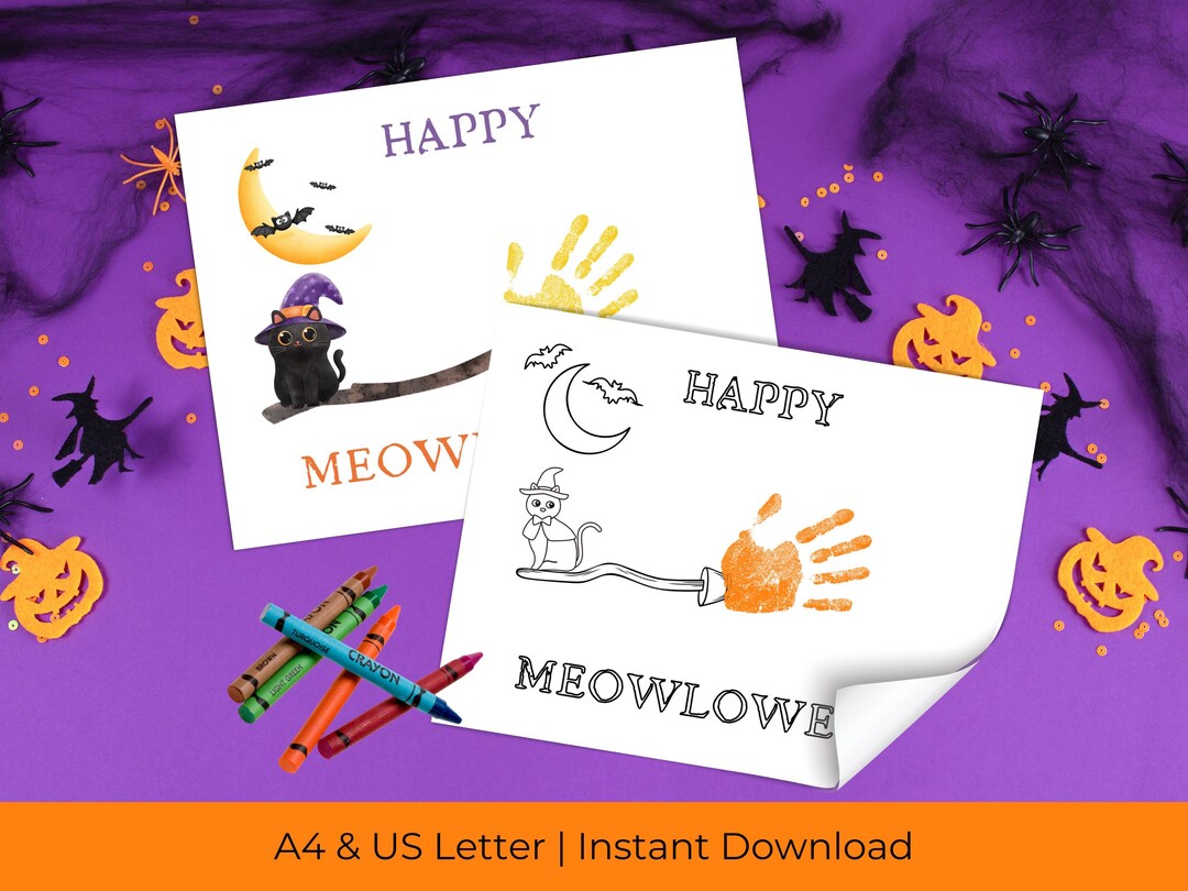Halloween Handprint Art Template and Coloring Page With Witch's Cat ...
