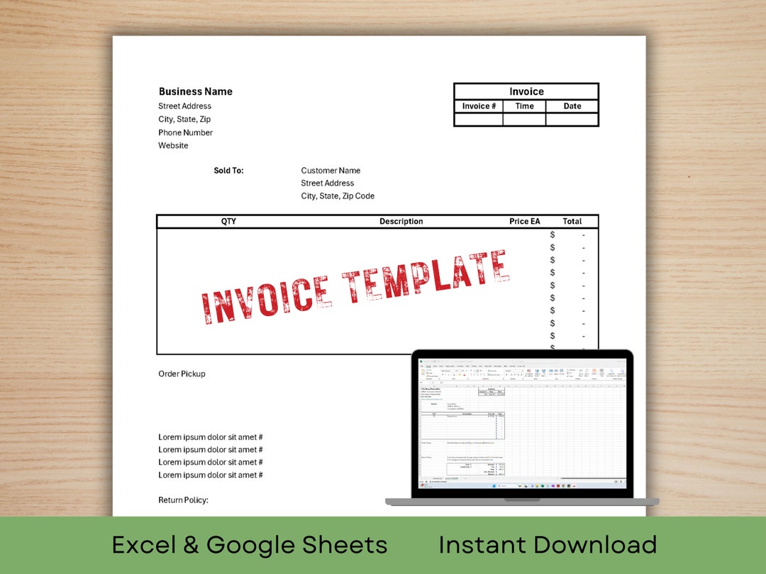Editable Generic Invoice Template for Excel and Google Sheets | Small ...