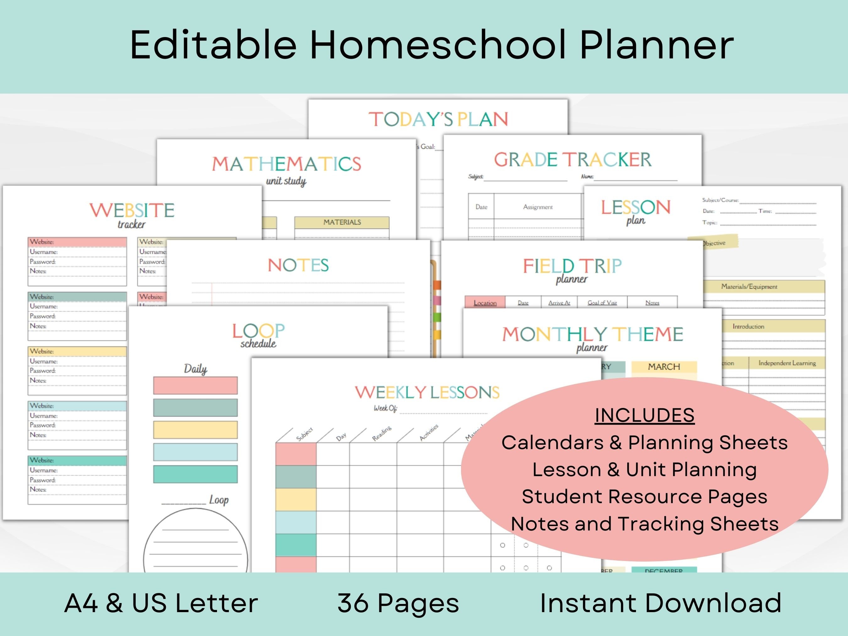 Editable Homeschool Planner With Grade Tracker Colorful - Etsy