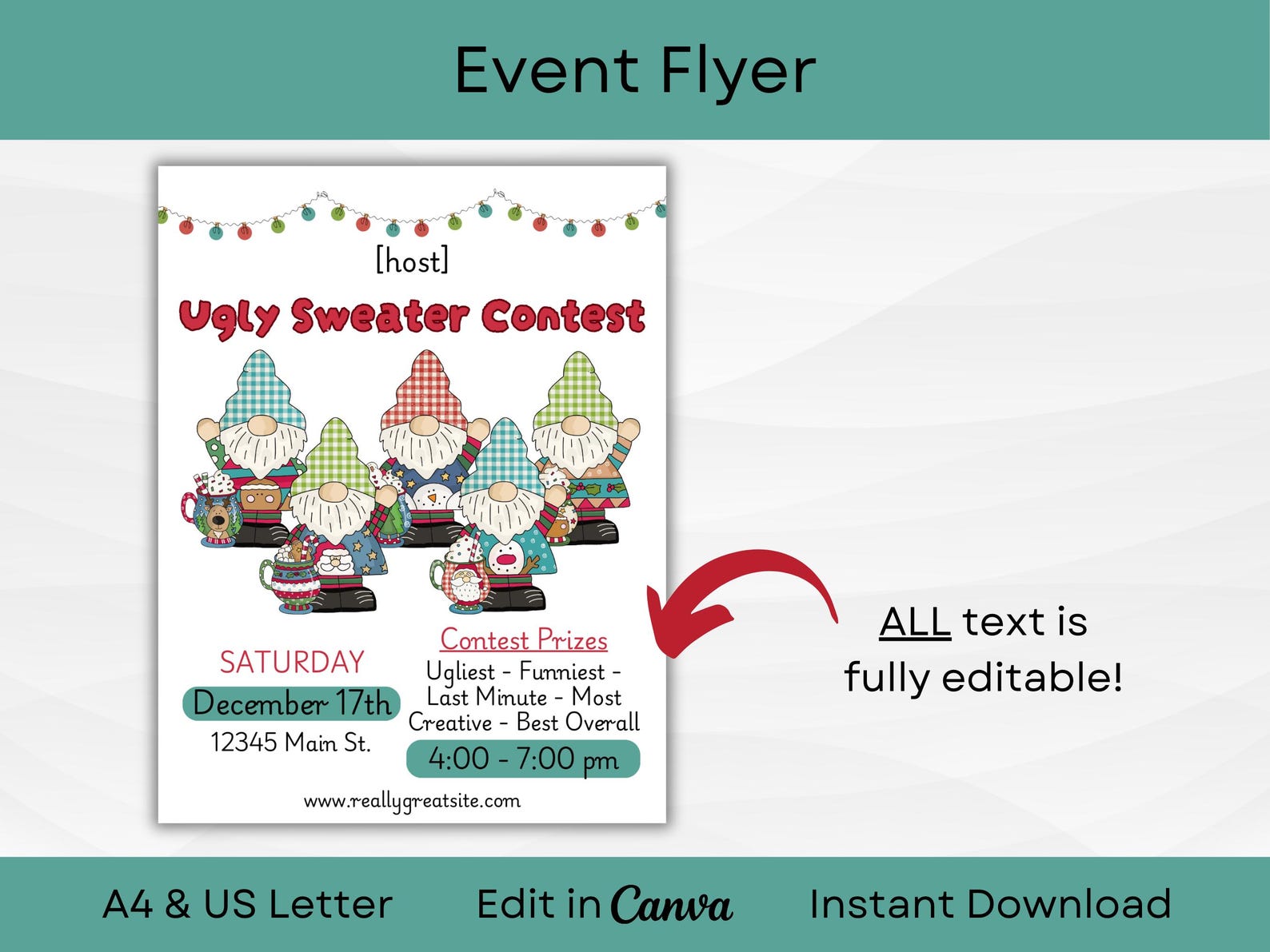 Editable Ugly Sweater Contest Flyer Template With Christmas Gnomes ...