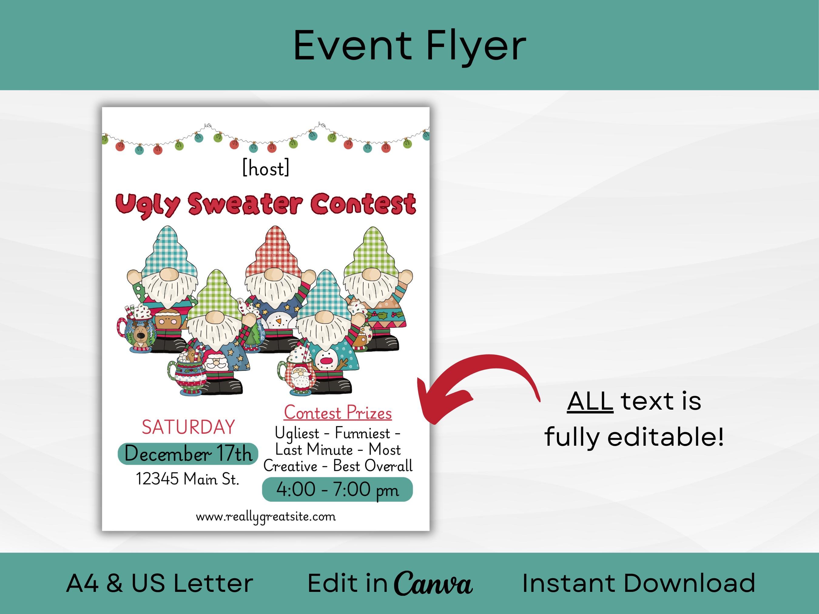 Editable Ugly Sweater Contest Flyer Template With Christmas Gnomes ...