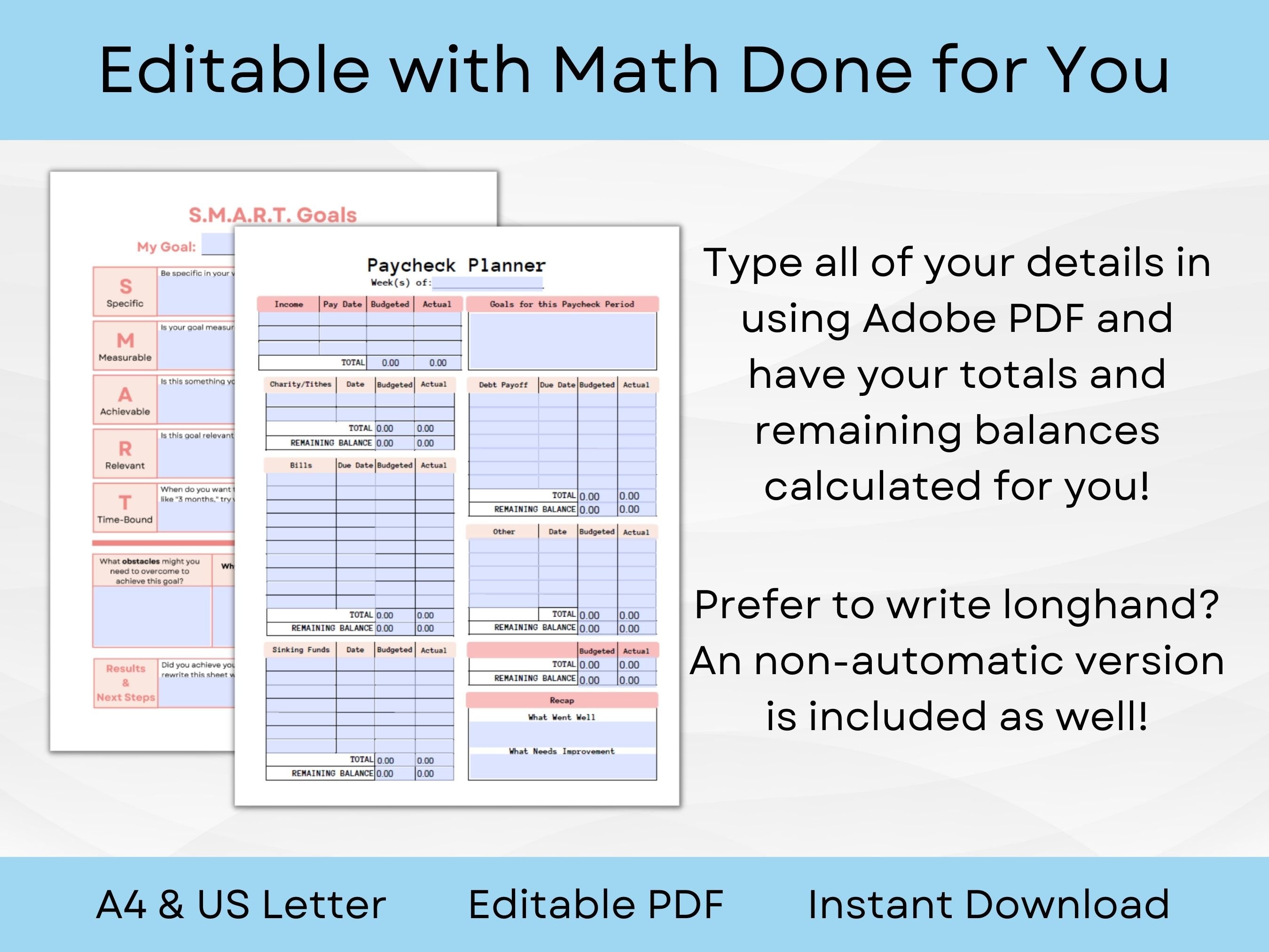 Printable Paycheck Budget With SMART Goal Worksheet Bundle | Editable ...