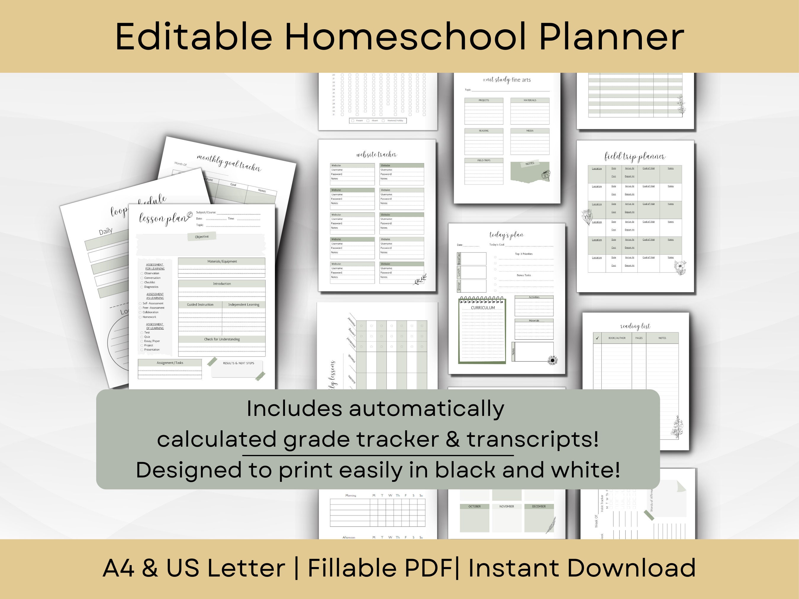 Editable Homeschool Planner Bundle W/ Gradebook and Transcript ...