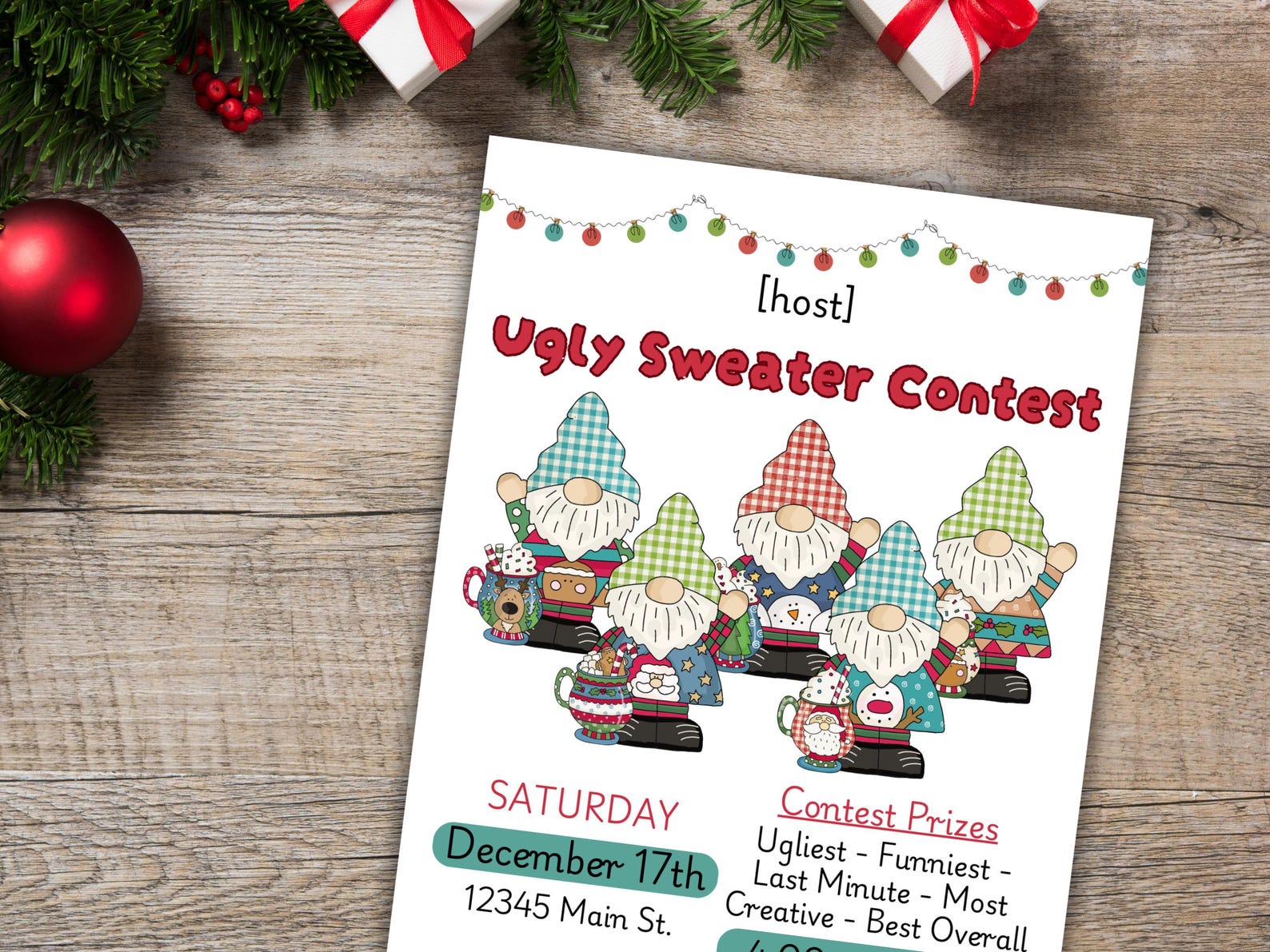Editable Ugly Sweater Contest Flyer Template With Christmas Gnomes ...