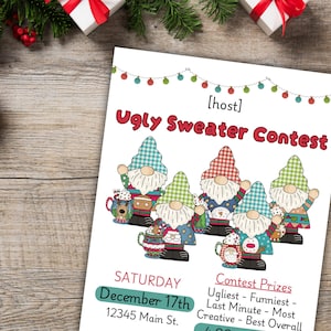 Editable Ugly Sweater Contest Flyer Template With Christmas Gnomes ...